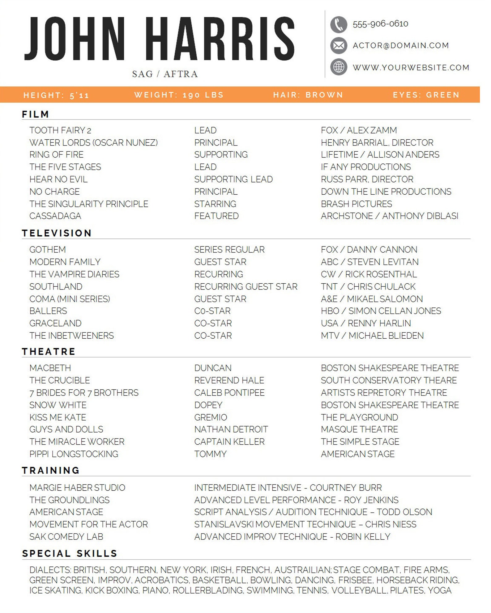 Plantilla de curriculum vitae del actor / reanudar la acción 8 x 10 ...