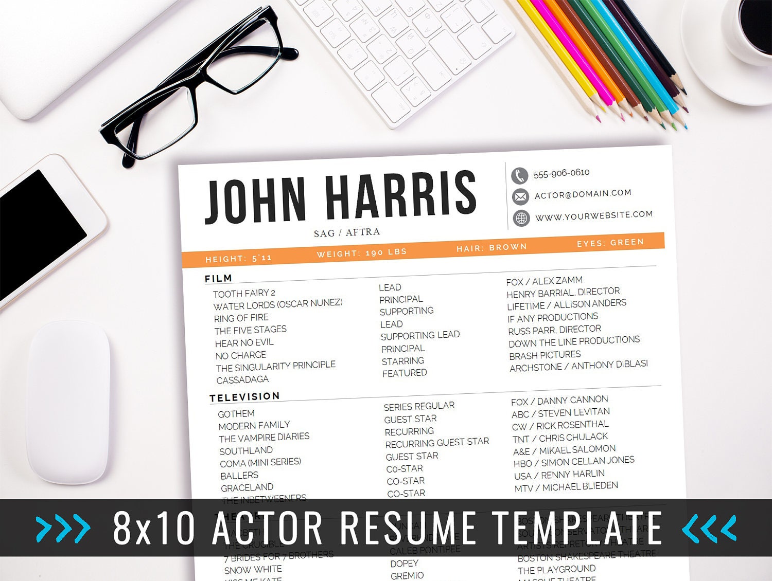 Actor Resume Template / 8 X 10 Acting Resume / Instant Digital Download ...