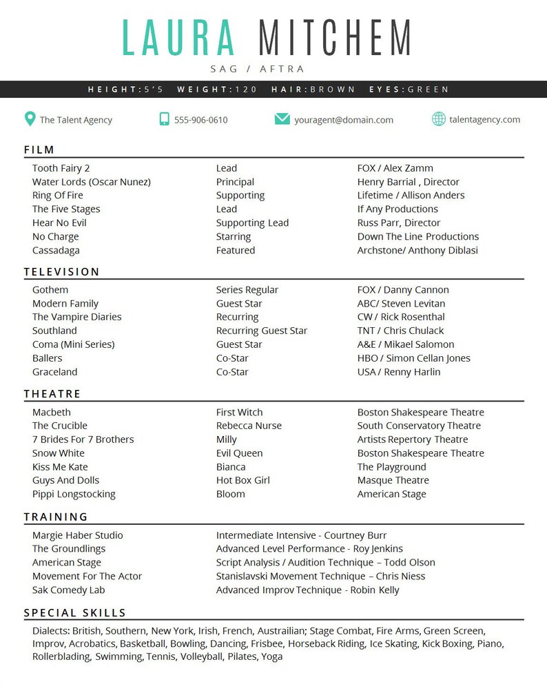 Actor Resume Template / 8 X 10 Acting Resume / Instant Digital Download ...
