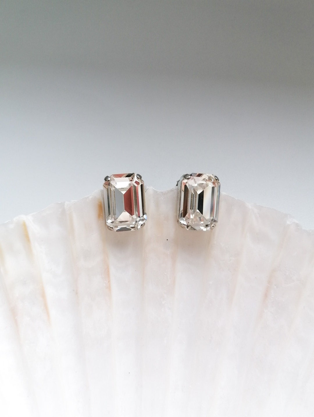 Big Crystal Stud Earrings, Octagon Silver Studs, Bridal Wedding Jewelry - Etsy