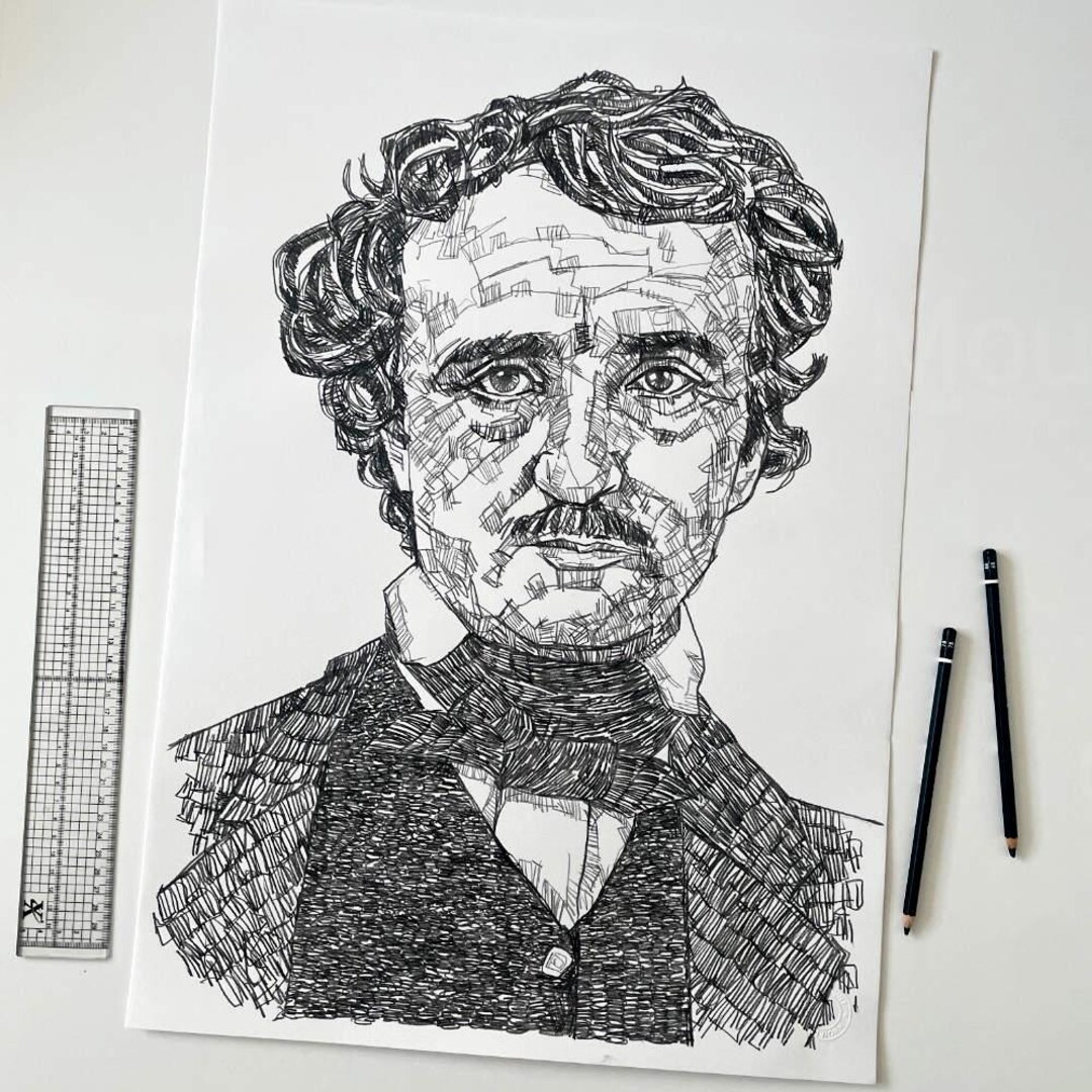 EDGAR ALLAN POE Original Pencil Drawing, Fits Within Standard Frame ...