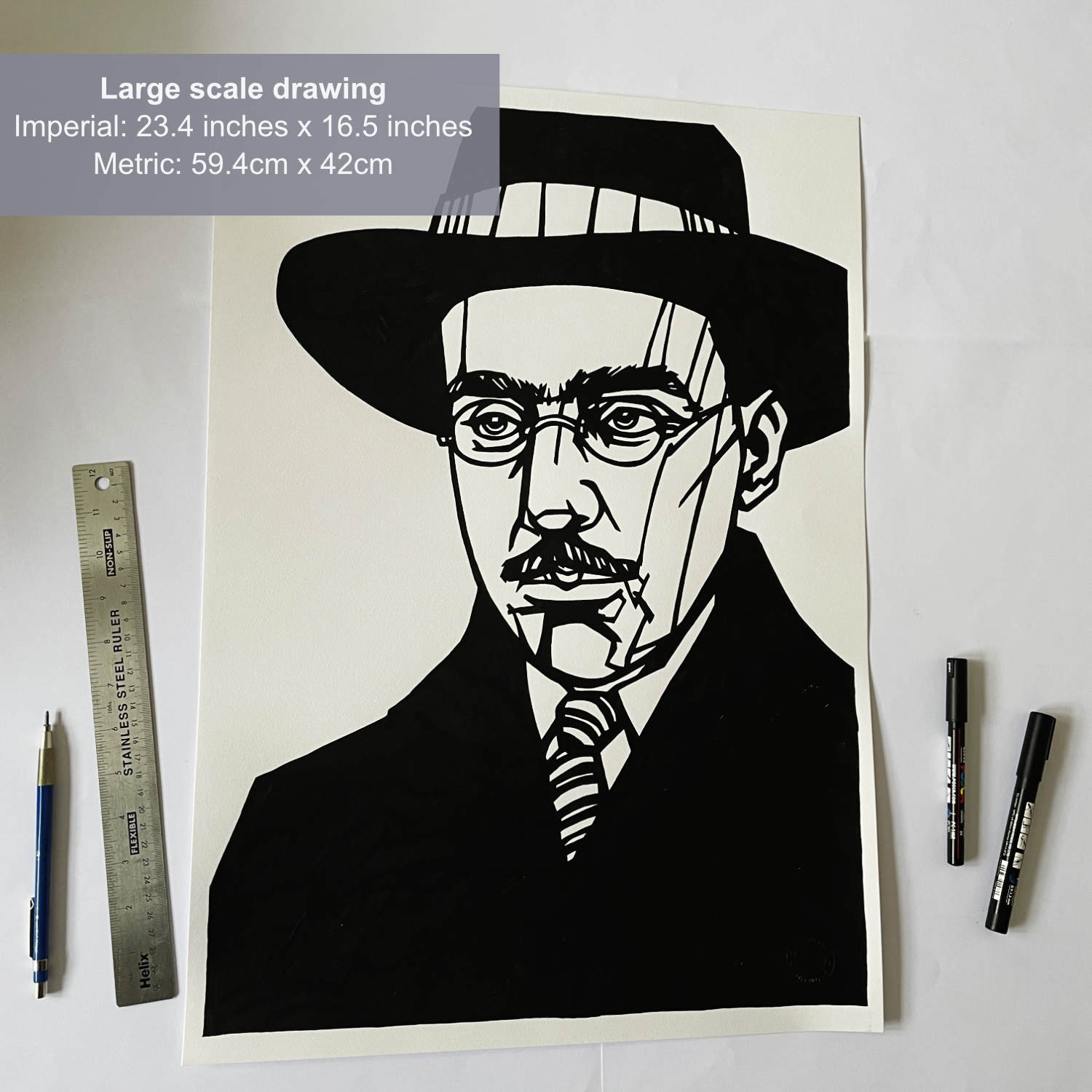 FERNANDO PESSOA Original Ink Drawing, Large Scale Artwork - 16.5in X 23 ...