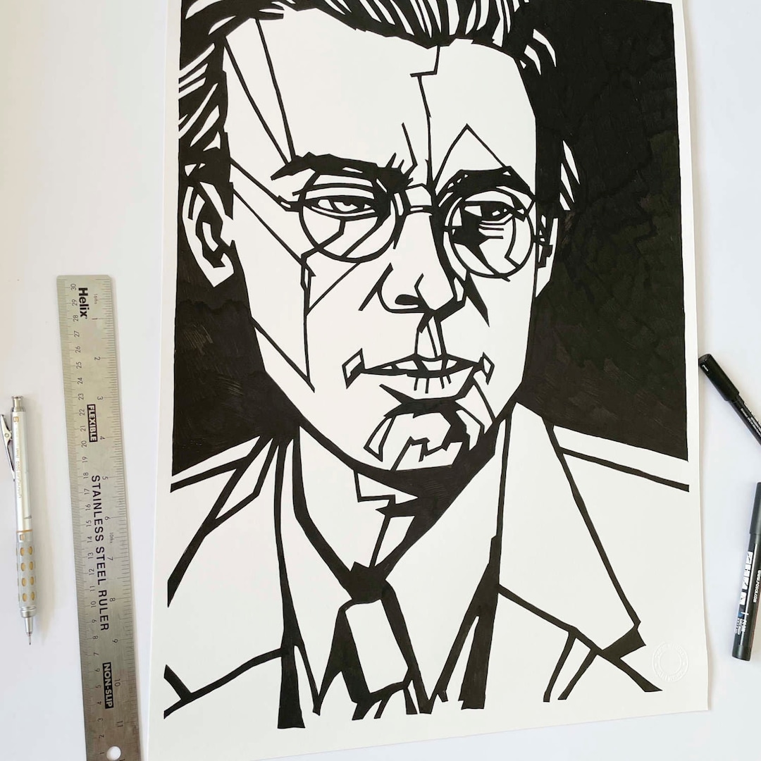 ALDOUS HUXLEY Original Ink Drawing, Large Scale Black and White Artwork ...