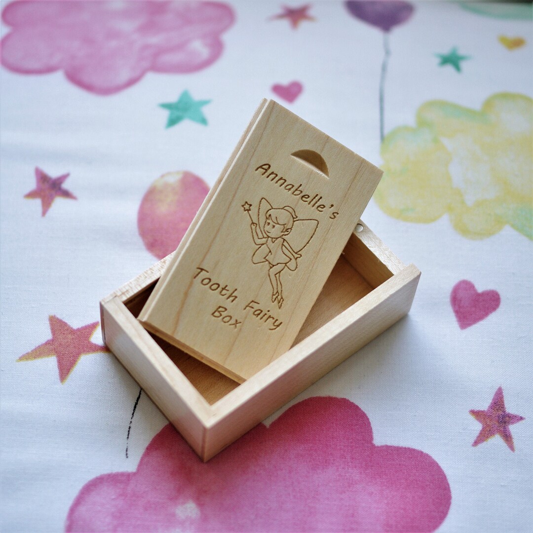 Tooth fairy box. Personalised wooden keepsake with sliding magnetised ...