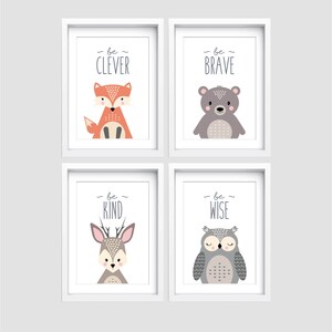 Woodland Nursery Wall Art, Set of 4 Animal Prints, Be Brave Be Kind ...