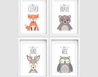 Woodland Nursery Wall Art Set of 6 Animal Prints Be Brave Be | Etsy