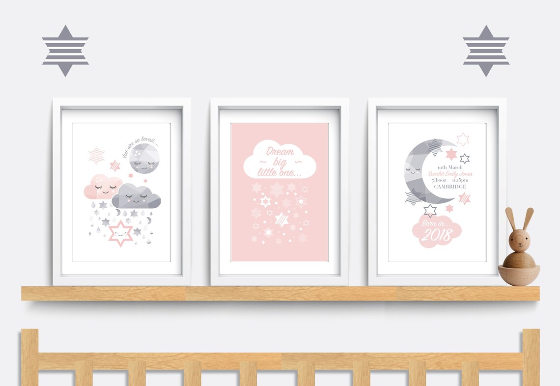 Nursery Wall Art Birth Details Print Set of 3 Cloud Nursery - Etsy