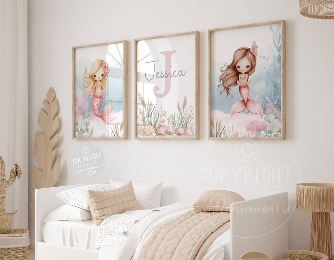 Mermaid Wall Art, Mermaid Nursery Art, Pink Bedroom Art, Girl Sea-life ...