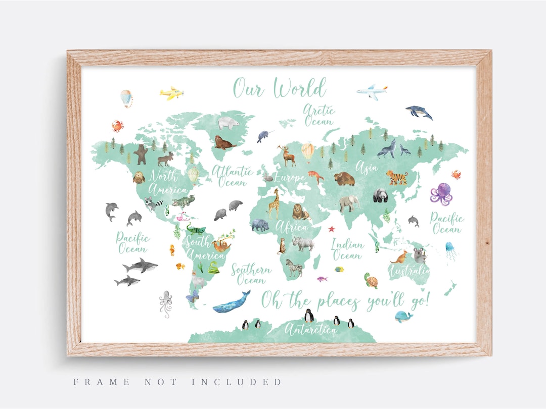 Animal World Map Print, Map Wall Art, Educational Print, Baby Decor ...