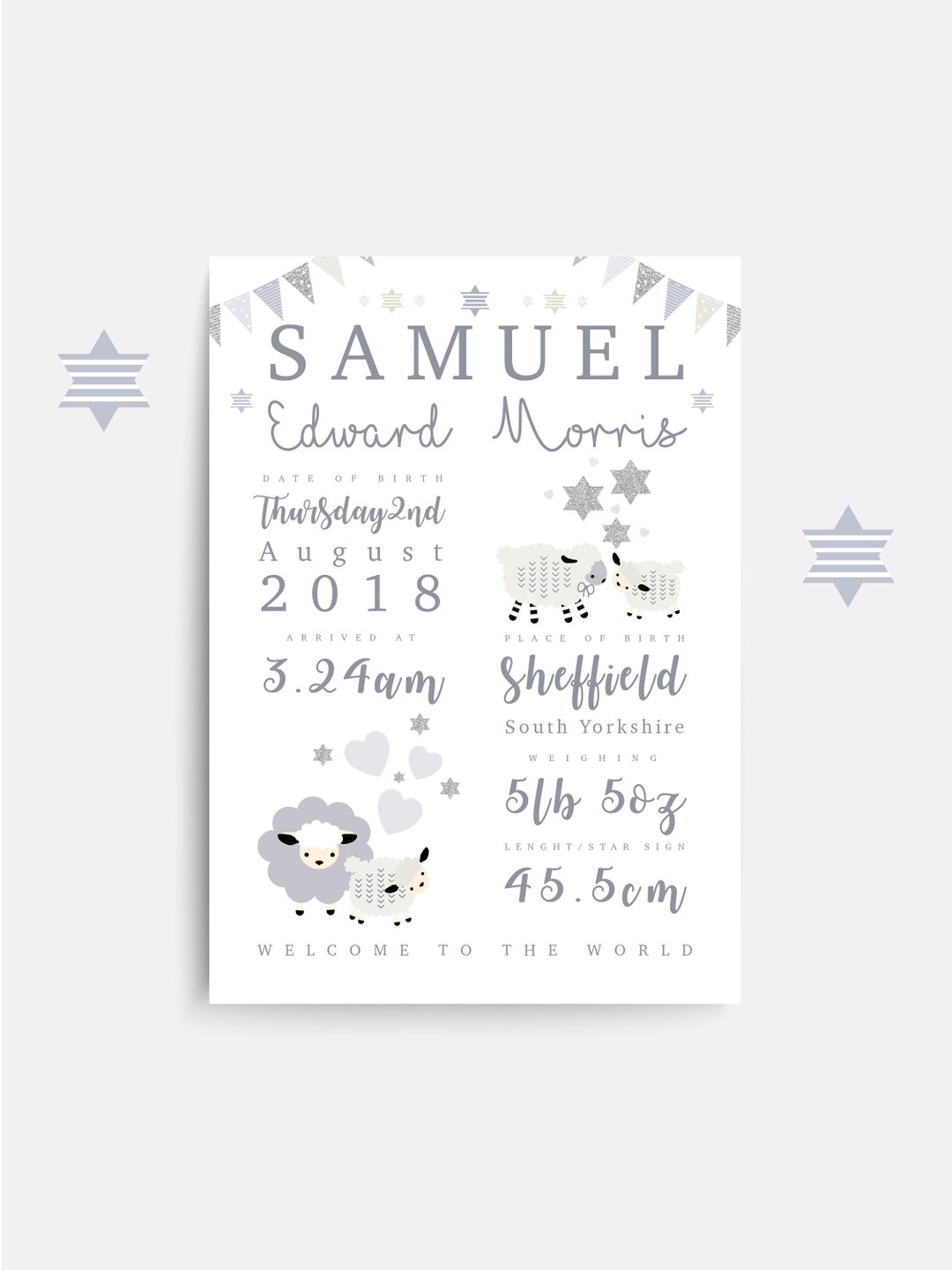Birth Details Print, Sheep Nursery Print, Birth Poster, Baby Name Print ...