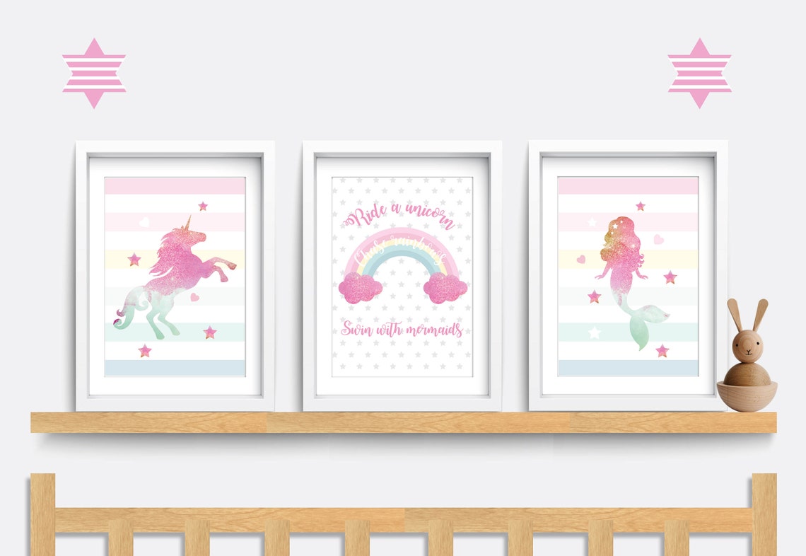Nursery Wall Art Set of 3 Unicorn Prints Rainbow Wall Art - Etsy