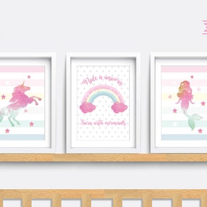 Nursery Wall Art, Set of 3 Unicorn Prints, Rainbow Wall Art, Girl ...