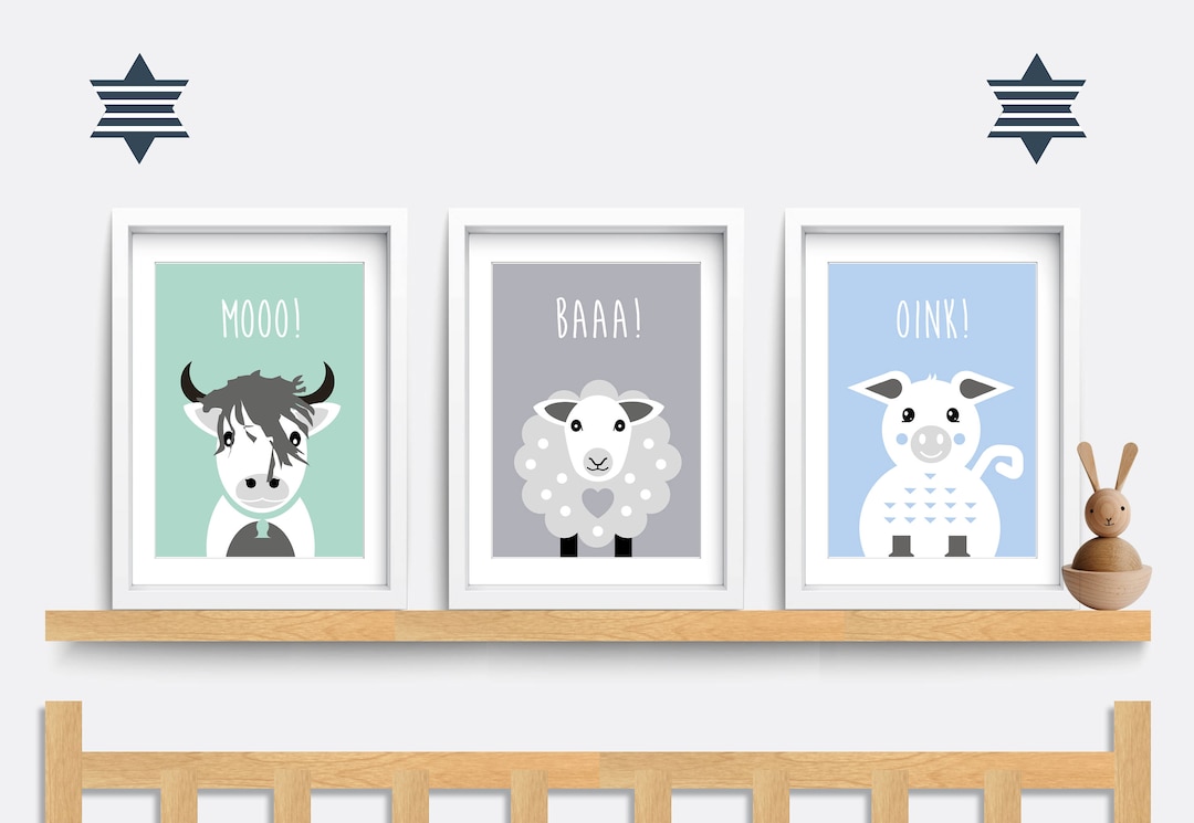 Nursery Wall Art. Set of 3 Farm Animal Prints. Baby Nursery Print ...