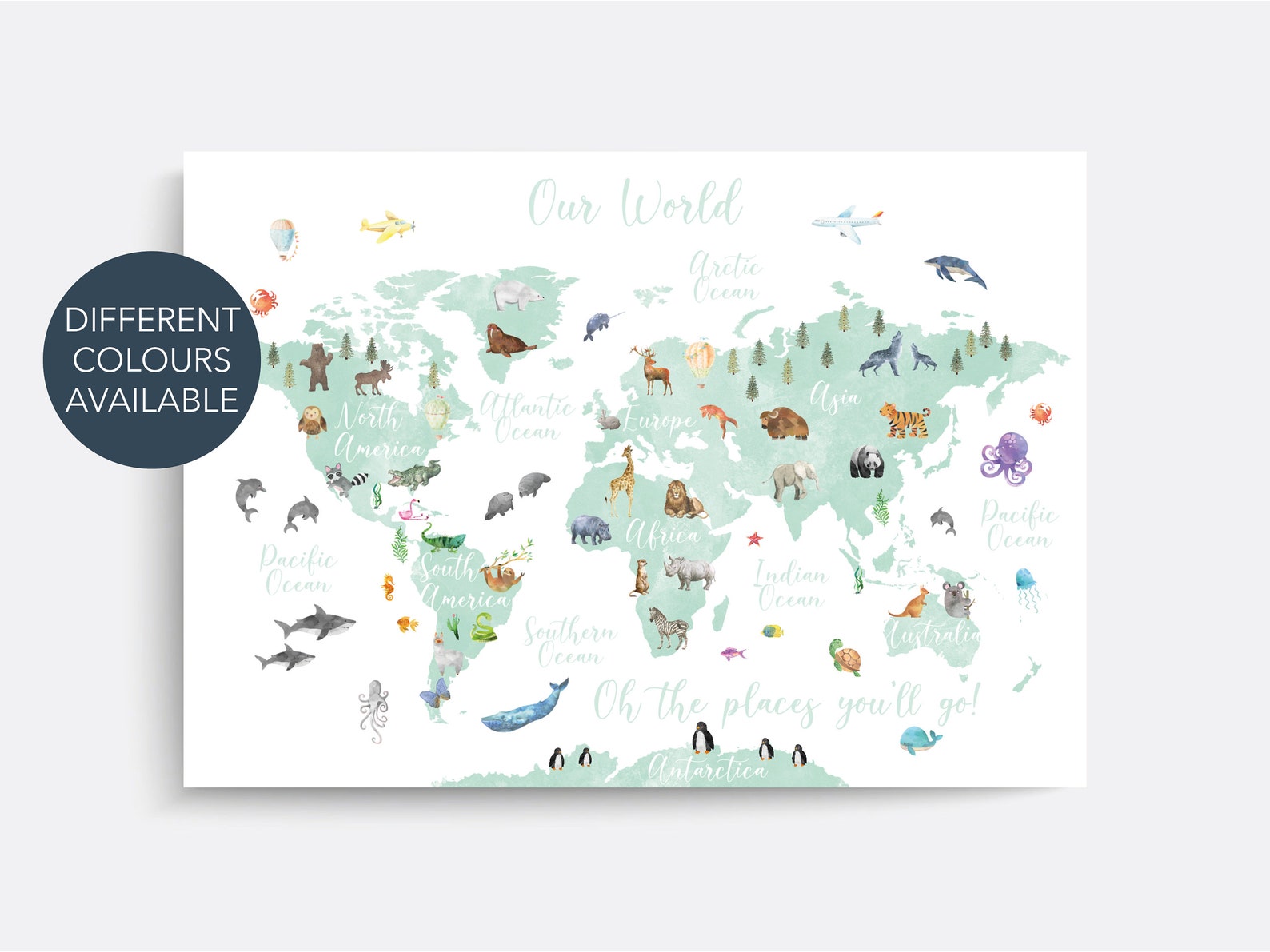 Animal World Map Print Map Wall Art Educational Print Baby | Etsy