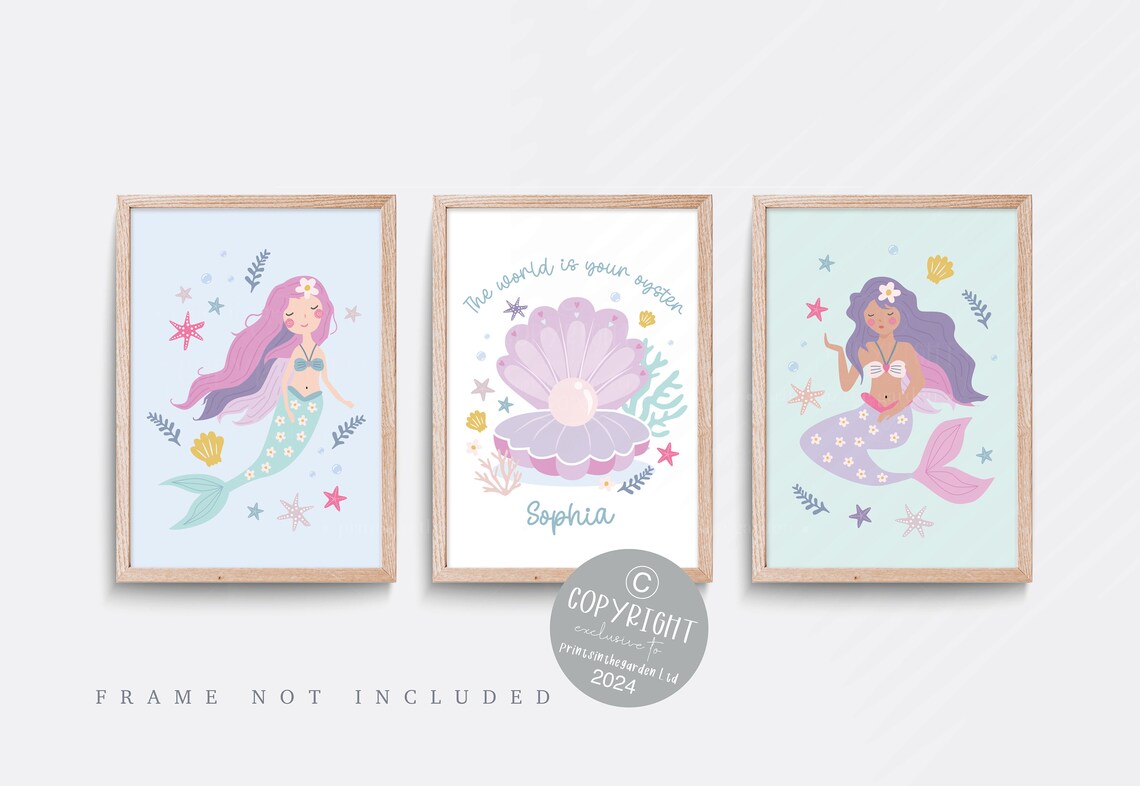 Mermaid Nursery Print Set: Purple Shell Decor, Girl Bedroom Art - Etsy