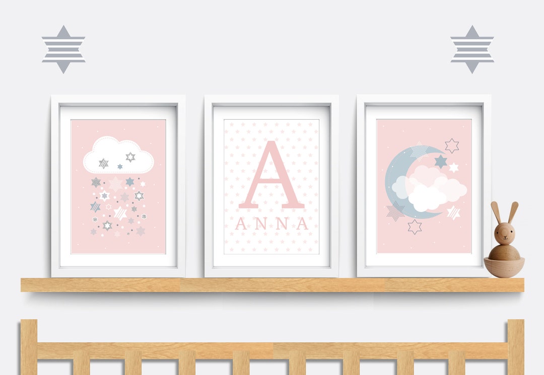 Nursery Wall Art, Set of 3 Star Prints, Kids Name Print, Girl Nursery ...