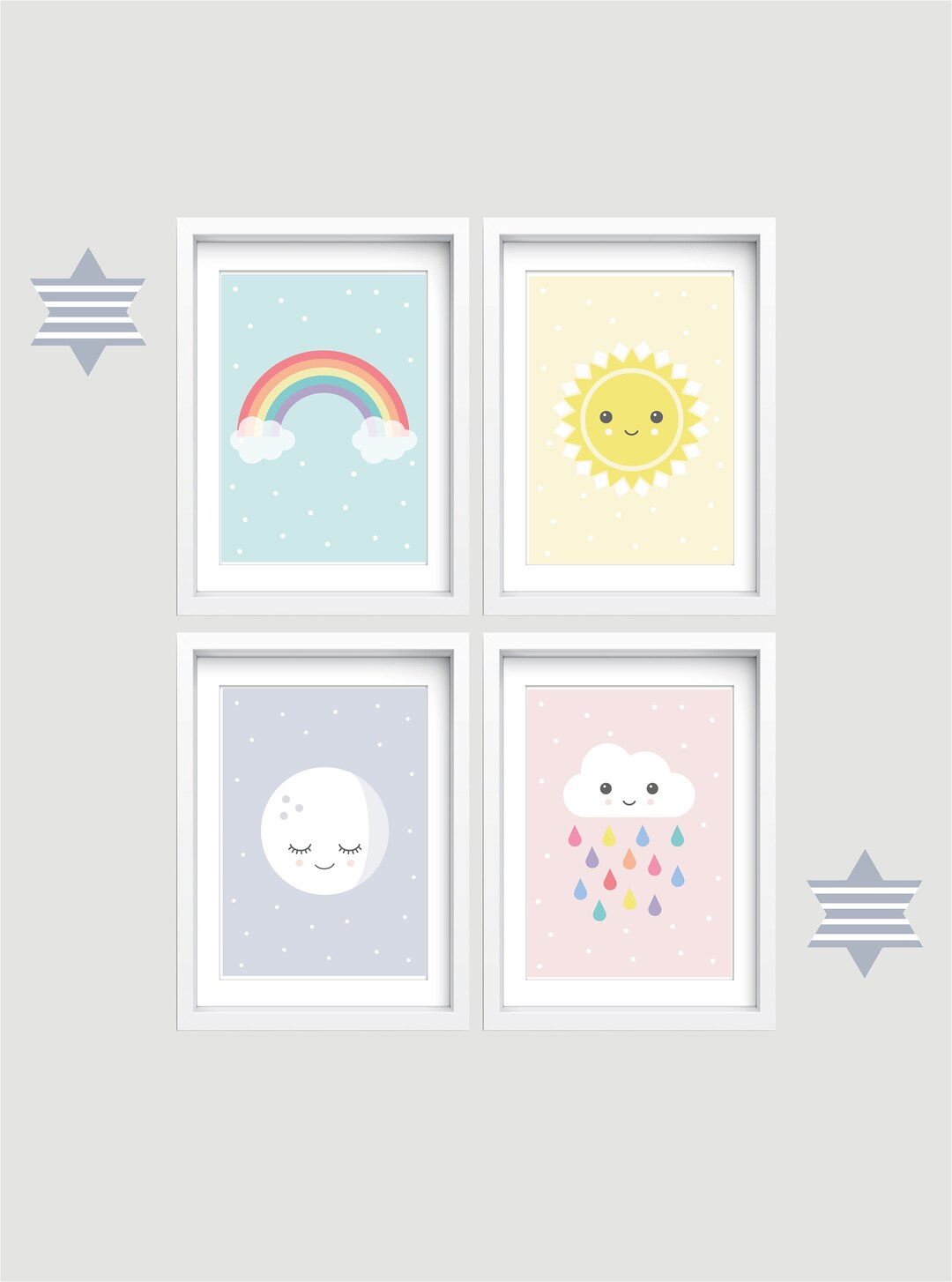Weather Nursery Print Set: Rainbow, Moon, Sunshine, Cloud Art - Etsy