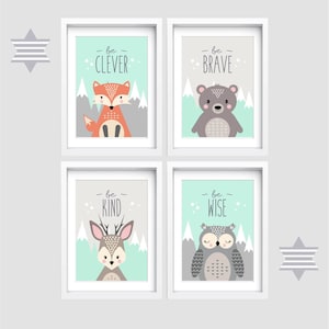 Woodland Nursery Wall Art, Set of 4 Animal Prints, Be Brave Be Kind ...