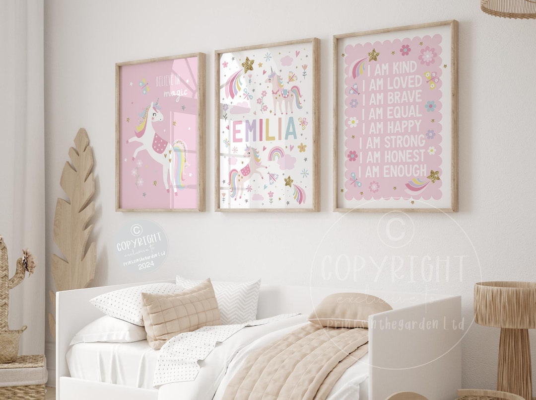 Unicorn Nursery Print, Nursery Wall Art, Set of 3 Prints, Rainbow ...