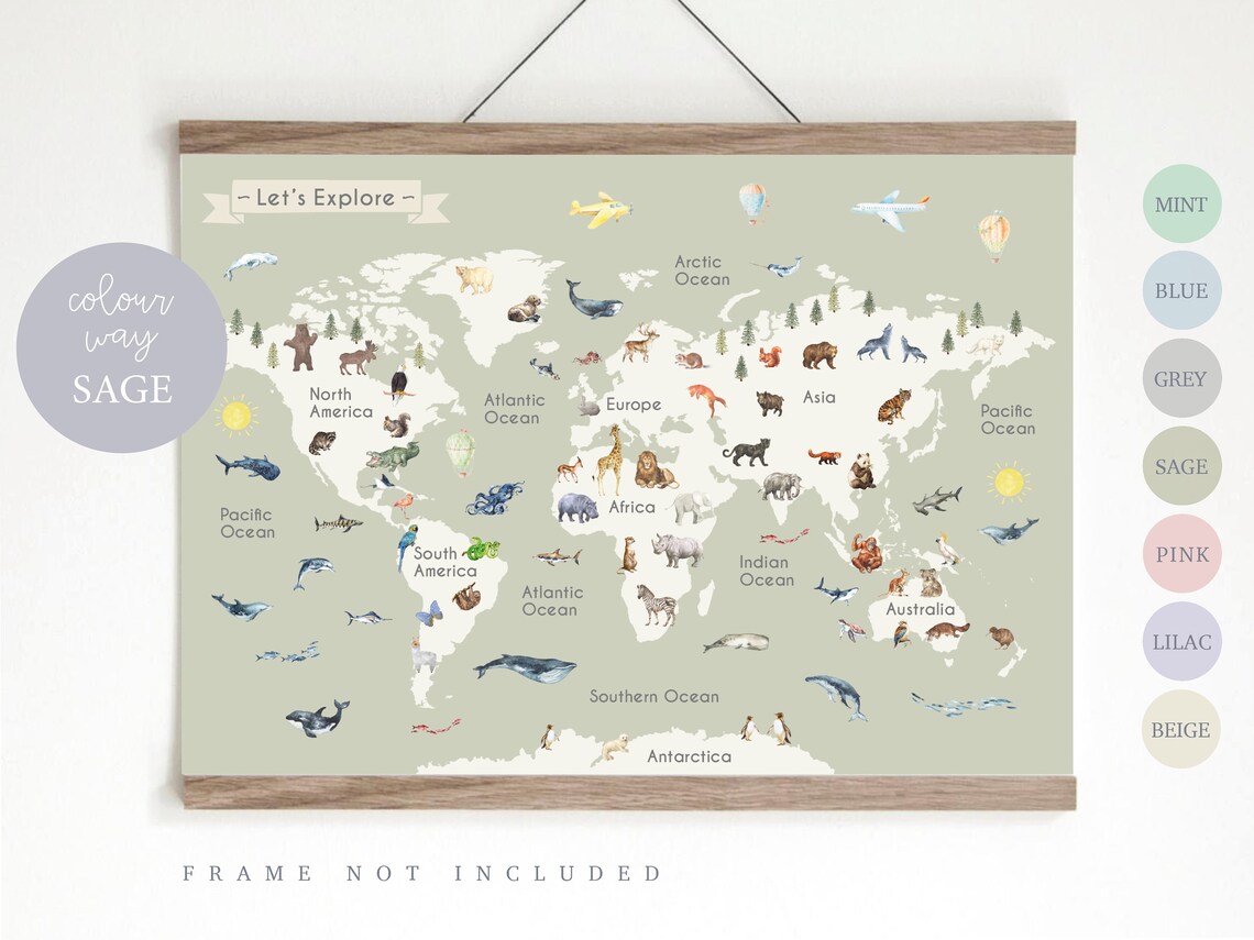 Animal World Map Print Kid's World Map Educational | Etsy