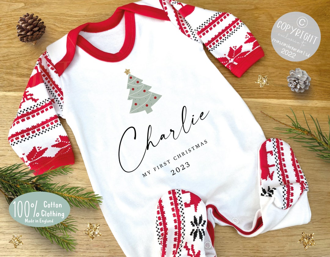Personalised First Christmas Sleepsuit, 1st Xmas Baby Grow, Pyjamas ...