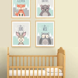 Woodland Nursery Wall Art, Set of 4 Animal Prints, Be Brave Be Kind ...