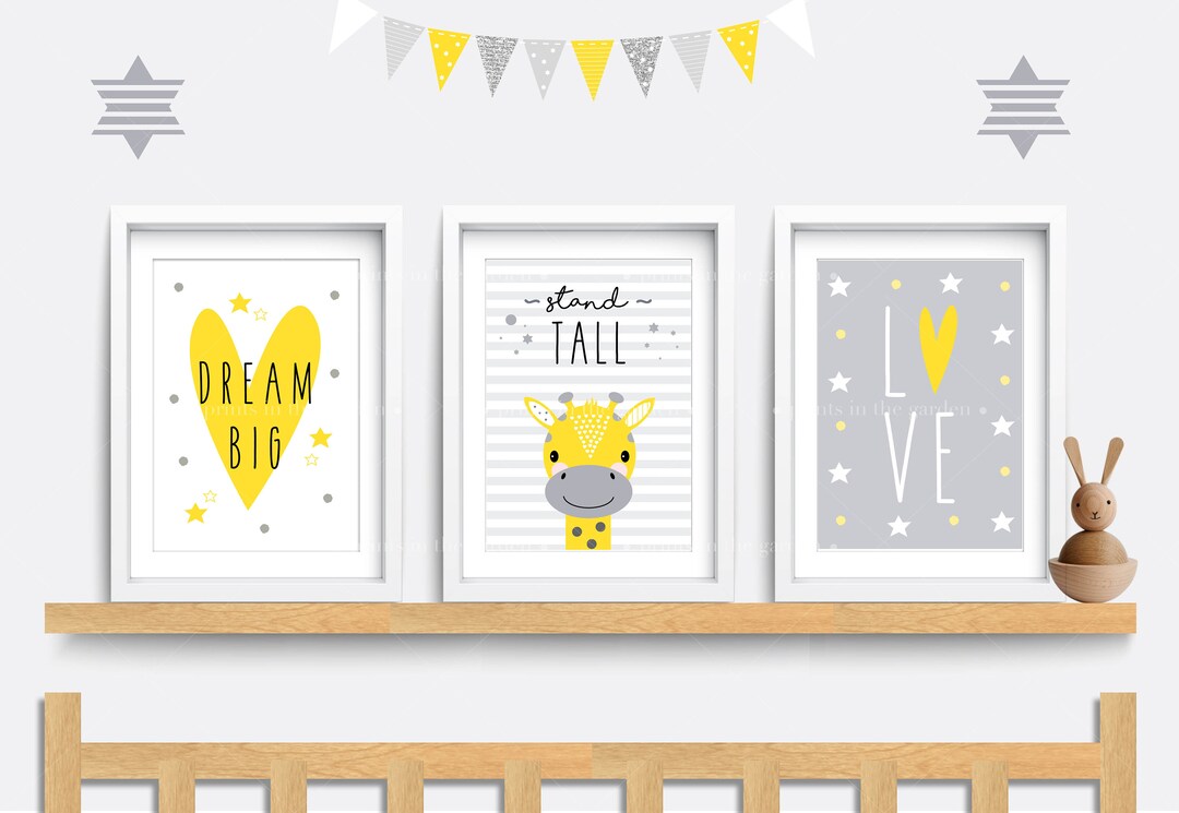 Giraffe Nursery Print Set: Yellow Safari Animal Art - Etsy