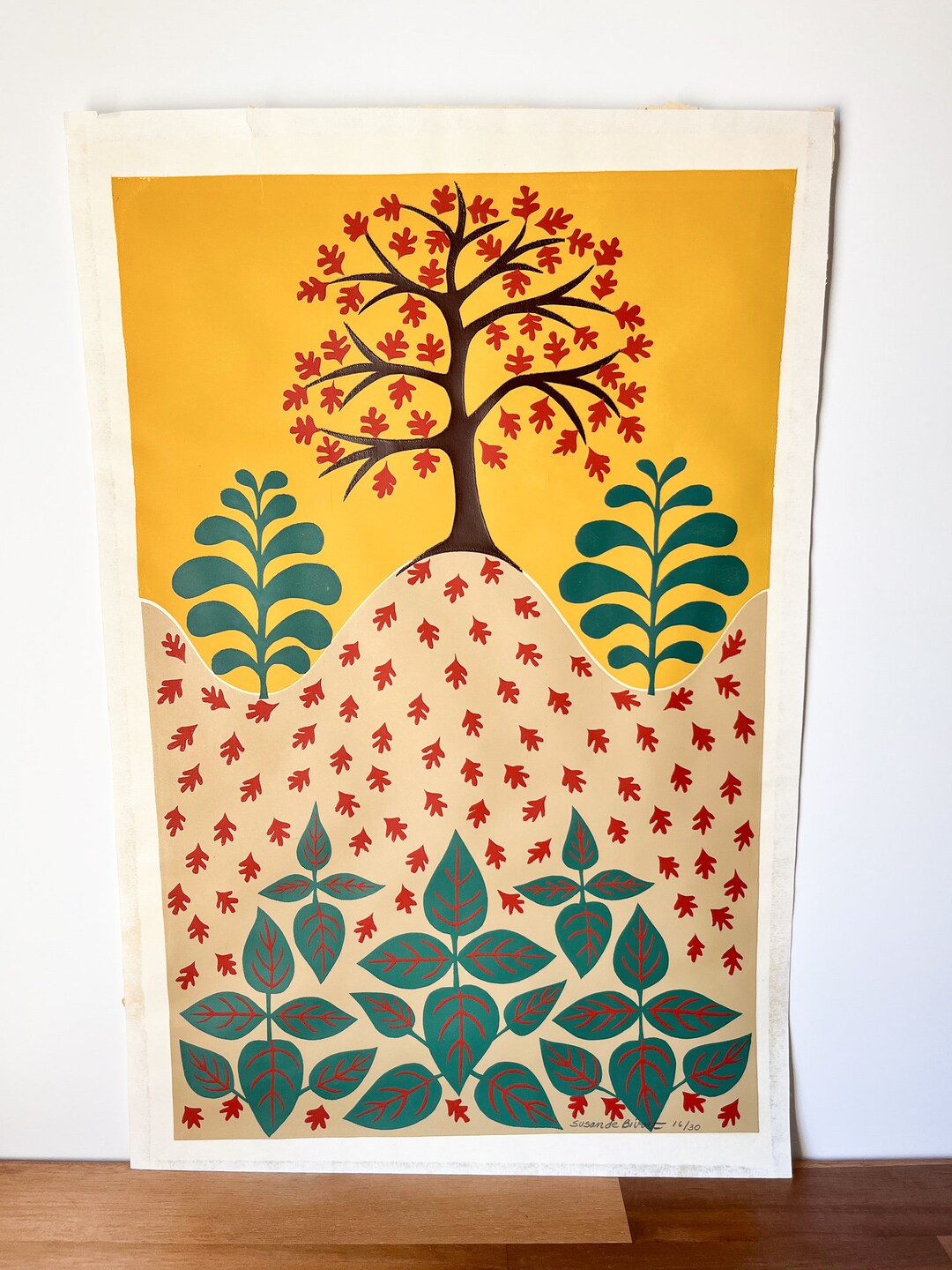 Yellow Woodblock Print. Yellow Nature Scene Art Print. Numbered and ...