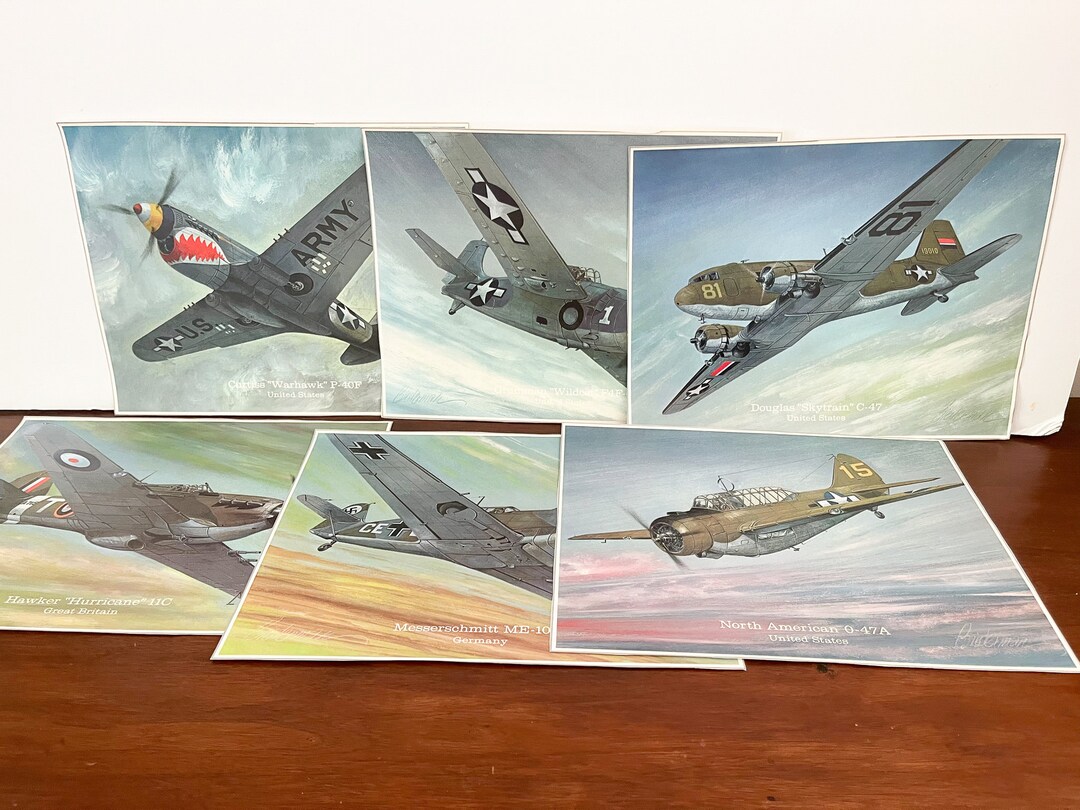 Set of Vintage Military Airplane Art Prints. World War II Fighter Jet ...