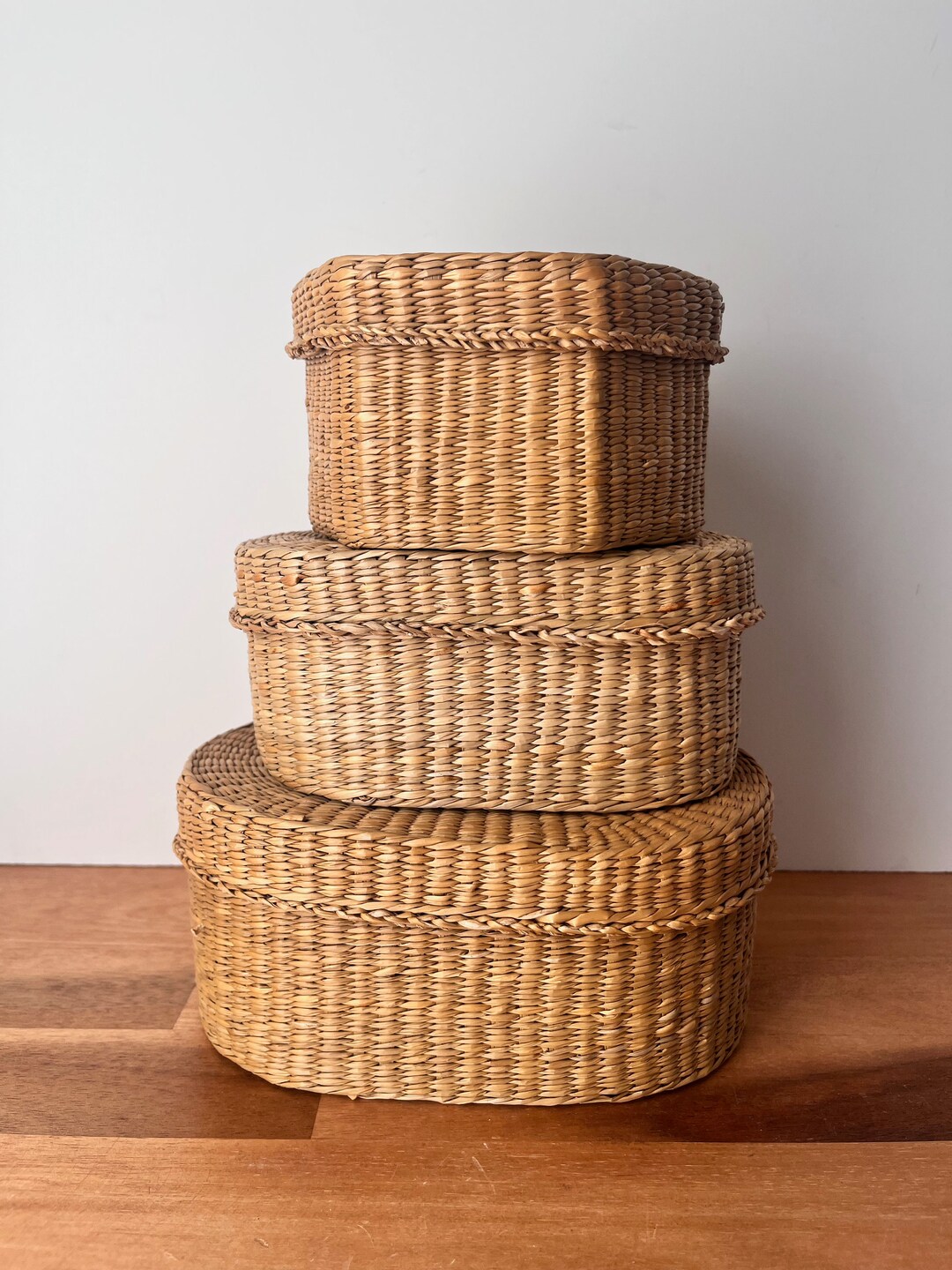 Set of 3 Small Stacking Woven Baskets. Vintage Braided Brown Natural ...