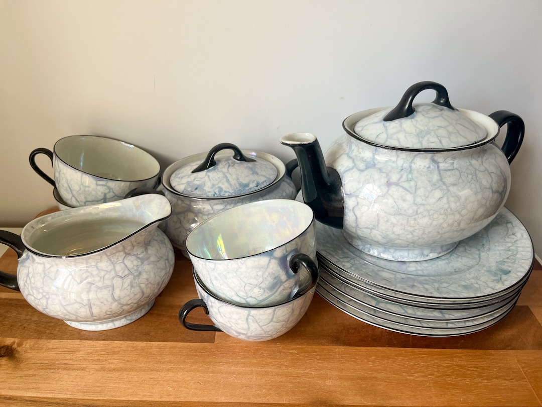 Vintage Blue and White Tea Set. Art Deco Czech Porcelain Lusterware ...