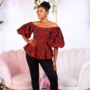 Red Floral African Print Peplum Top Jessica - Etsy
