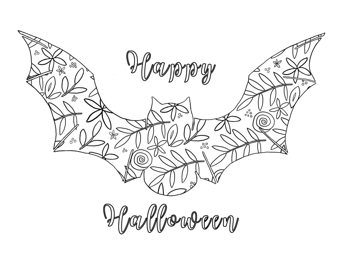 Coloring Page Digital Download Printable Halloween Bat Floral | Etsy