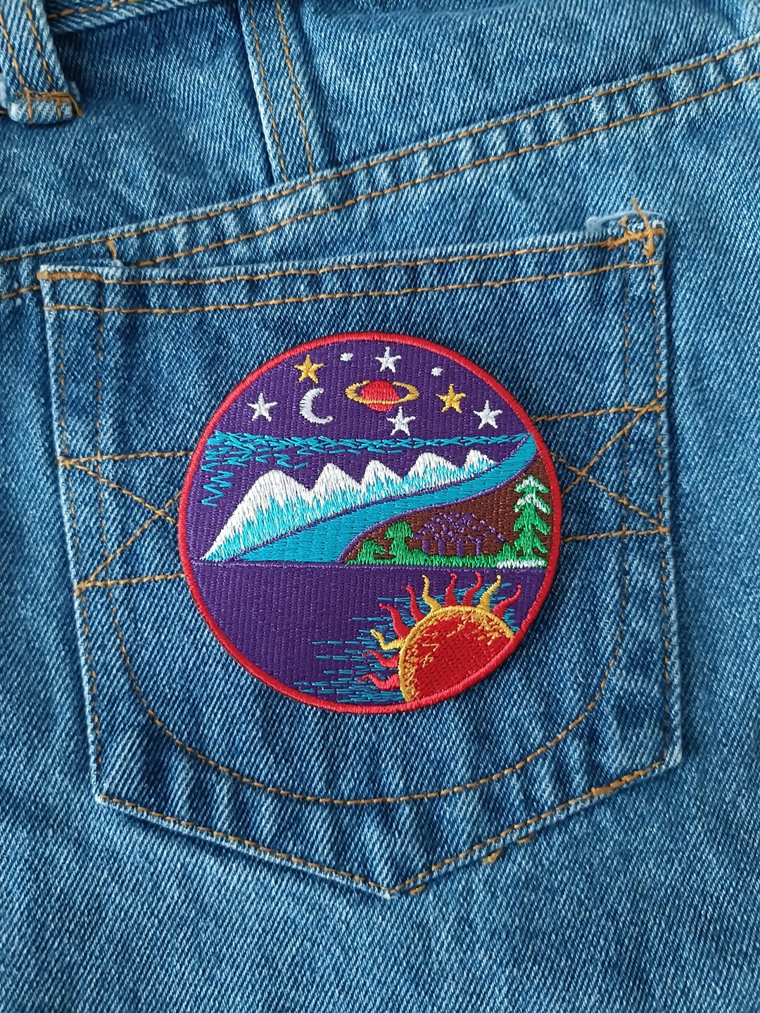 Sun Star River Cosmic Mountain Patch Cool Badge Patch Iron on Patches ...