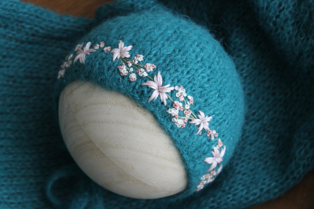 Newborn Emerald Green Floral Bonnet Set - Photo Props - Green Hand ...