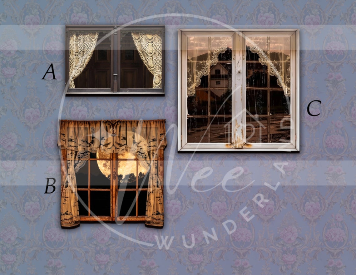 Vintage Windows With Scenes and Faux Curtains - Miniature Dollhouse ...