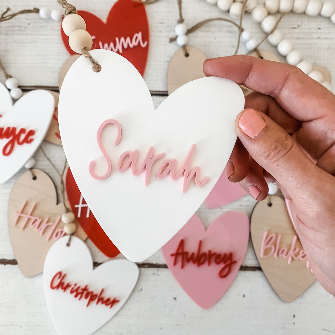 Hand Lettered Valentine’s Name Tags / Wooden Heart Tags / Valentine’s ...