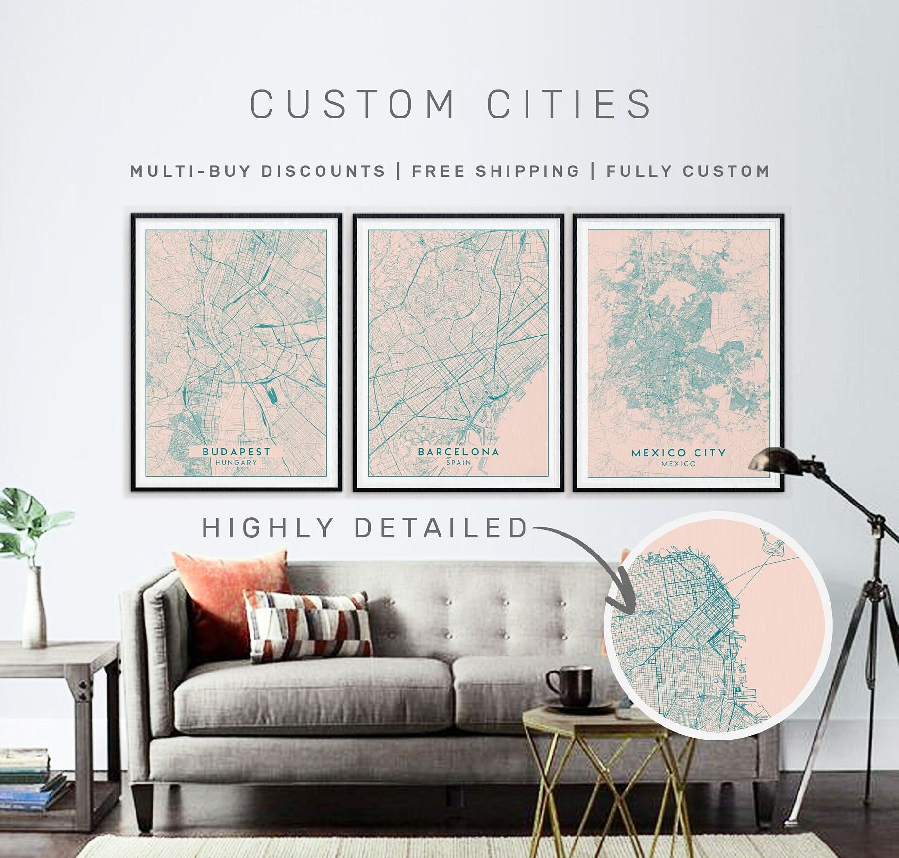 Blush Pink City Map Prints, Buy 2 Get 1 FREE, Custom Map Poster, Frame ...