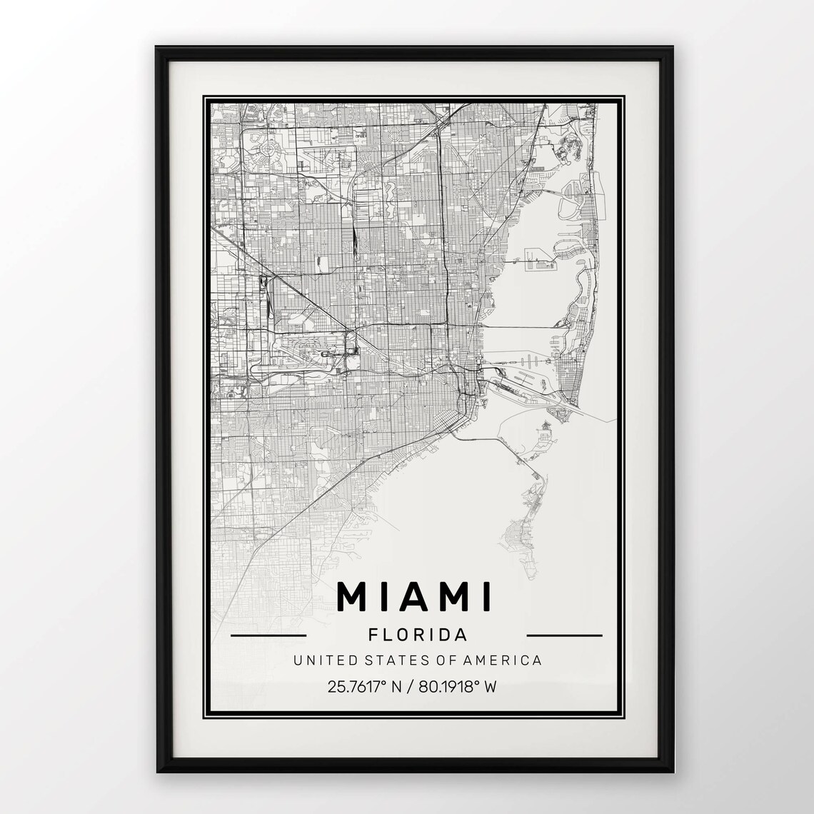Miami City Map Print Modern Contemporary Poster in Sizes 50x70 | Etsy