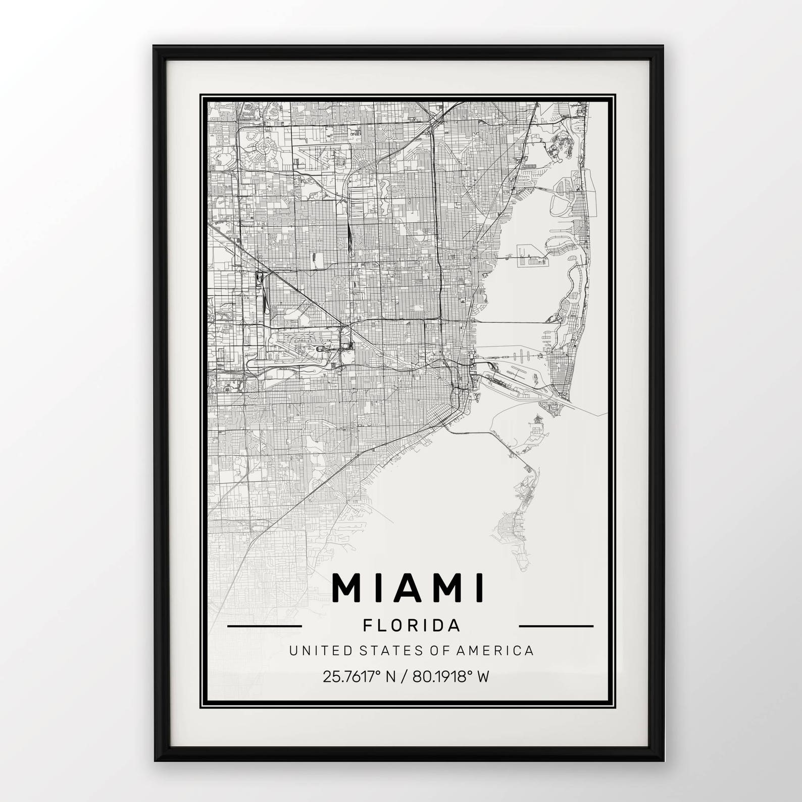 Miami City Map Print Modern Contemporary Poster in Sizes 50x70 - Etsy