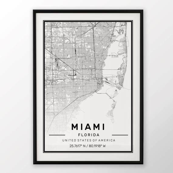 Miami City Map Print Modern Contemporary Poster in Sizes 50x70 | Etsy
