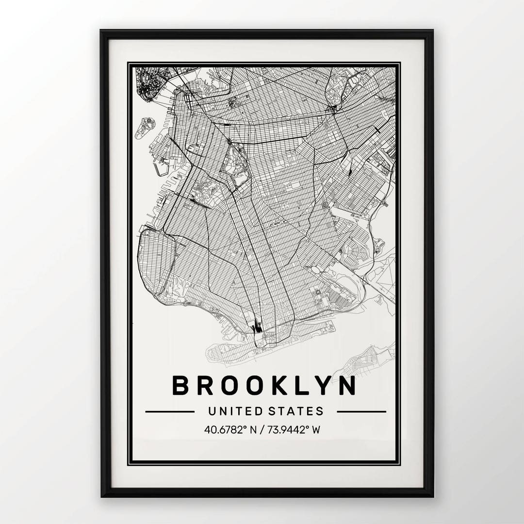 Brooklyn City Map Print, Modern Contemporary Poster in Sizes 50x70 Fit ...