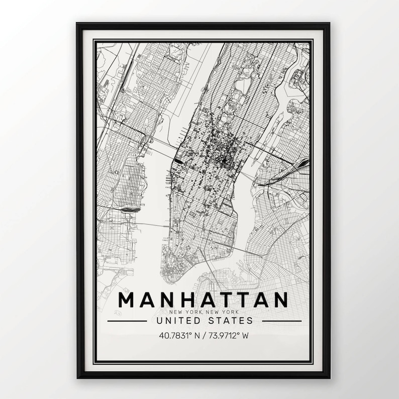 Manhattan City Map Print, Modern Contemporary Poster in Sizes 50x70 Fit ...