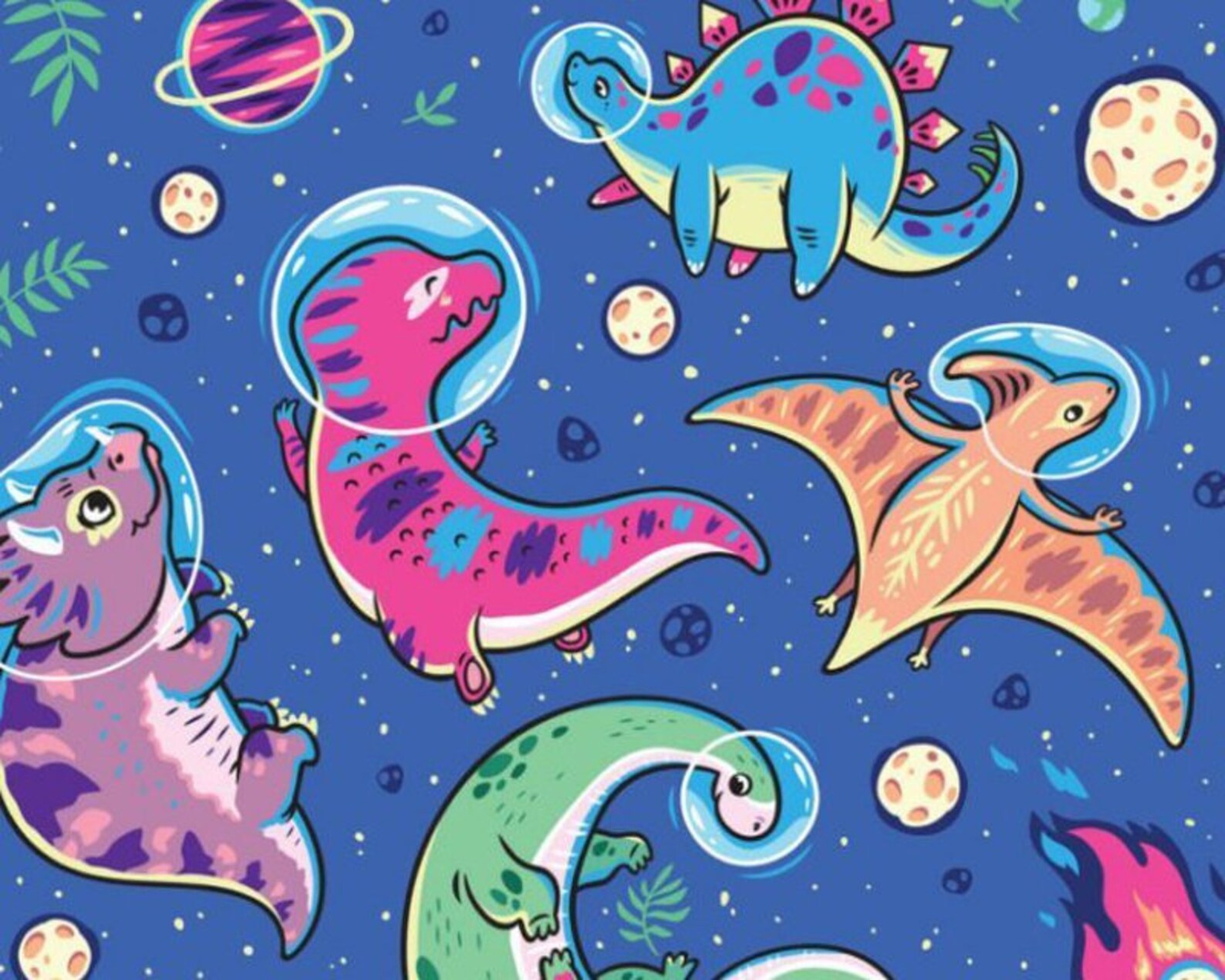 Blue Baby Dinosaurs in Space Cartoon Digital Print 100% Cotton - Etsy
