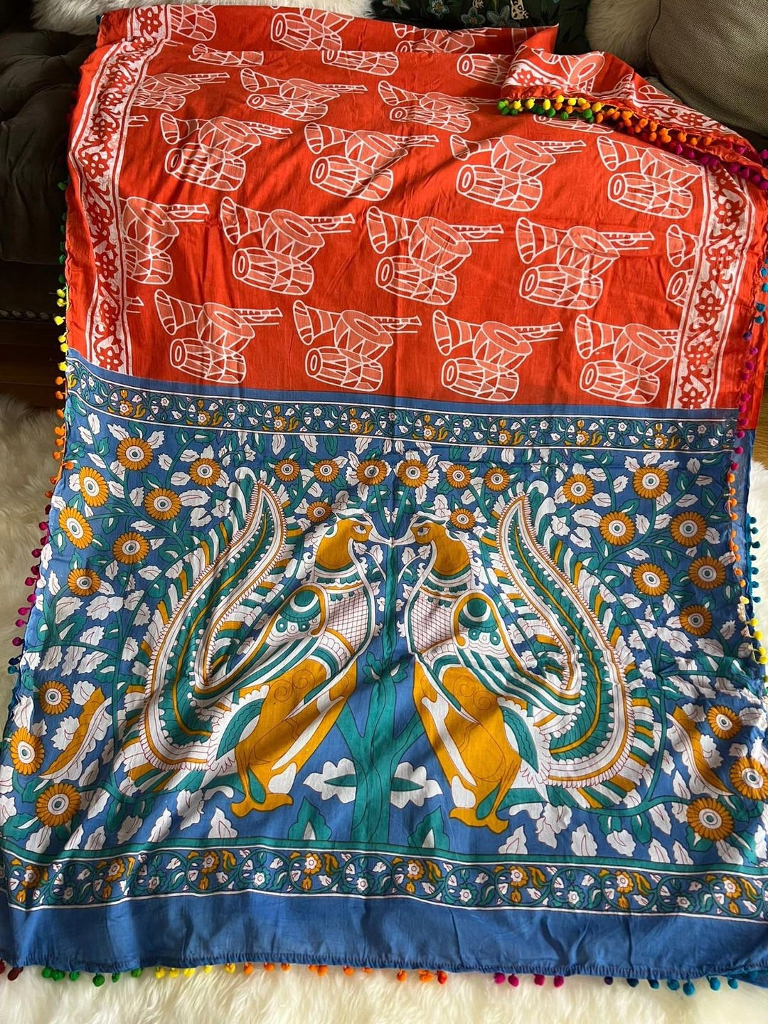 Brick Orange Mul Cotton Saree: Kalamkari Pallu and Pompoms - Etsy