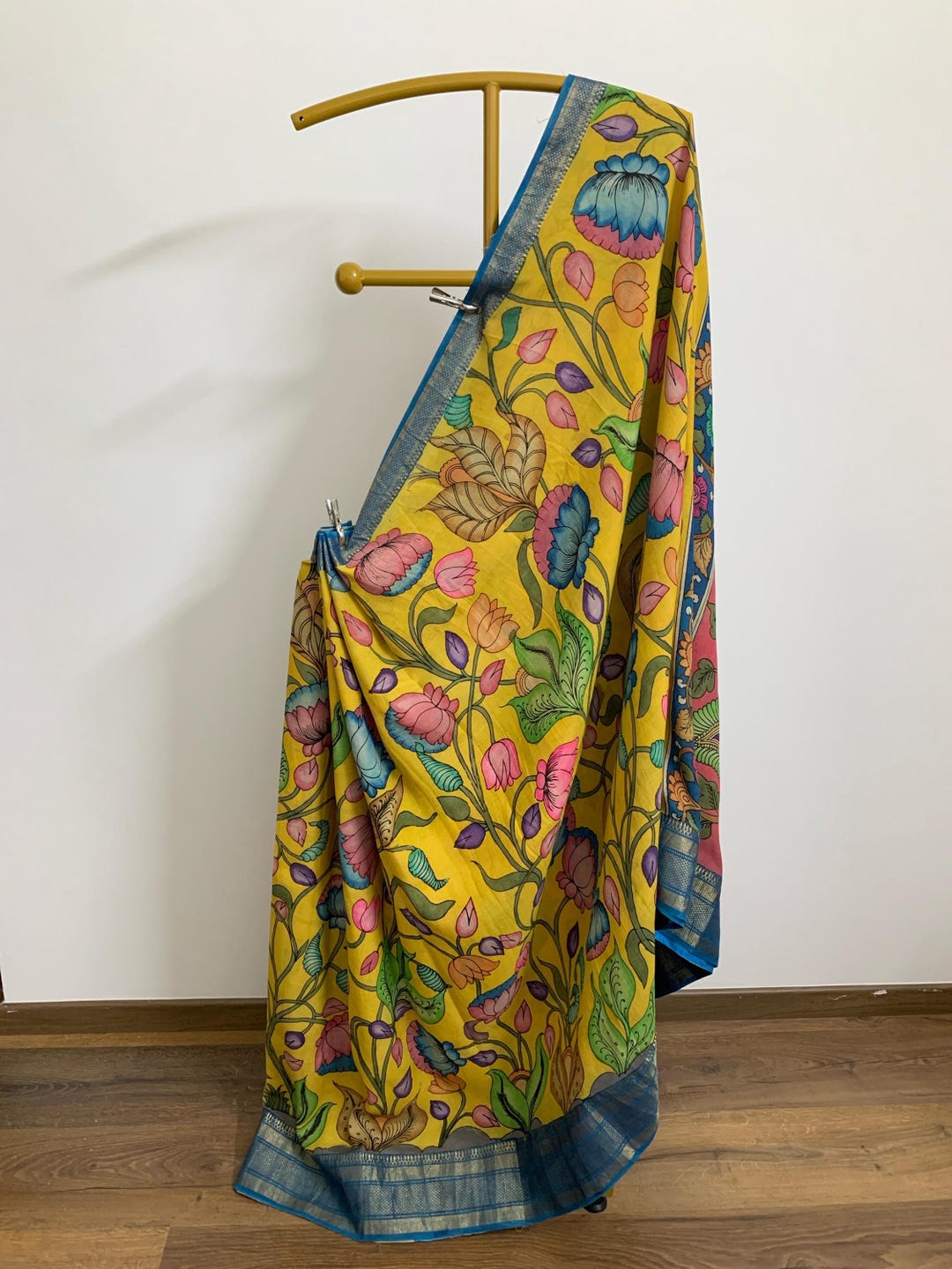 Mustard Kalamkari Saree With Floral Vines & Twin Peacock Motif - Etsy