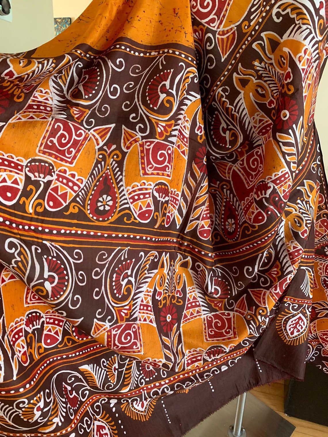 Deep Mustard and Chocolate Brown Hand Datik Silk Saree / | Etsy