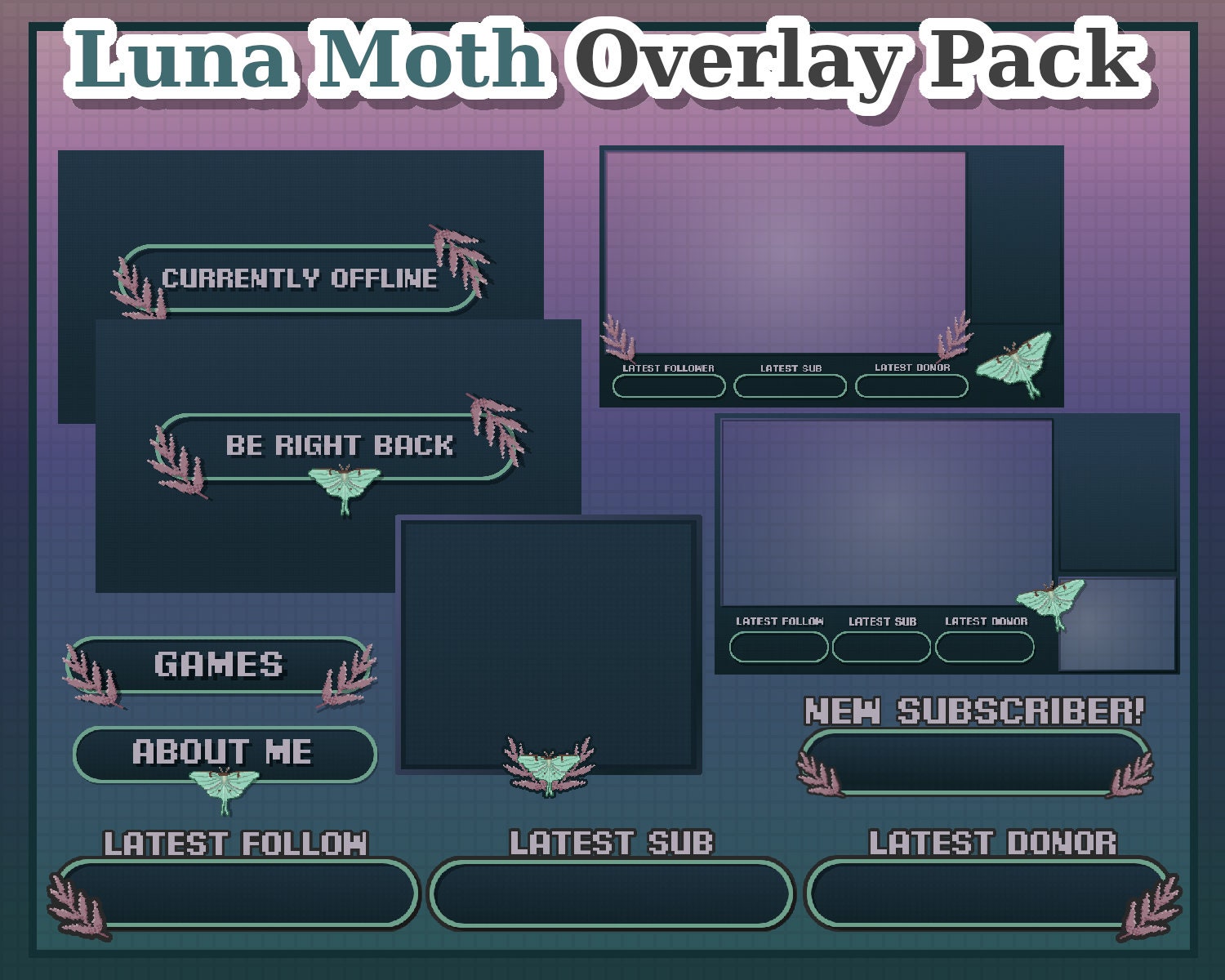 Twitch Stream Pack - Luna Moth Overlay Pixel Art Package Bundle - Etsy