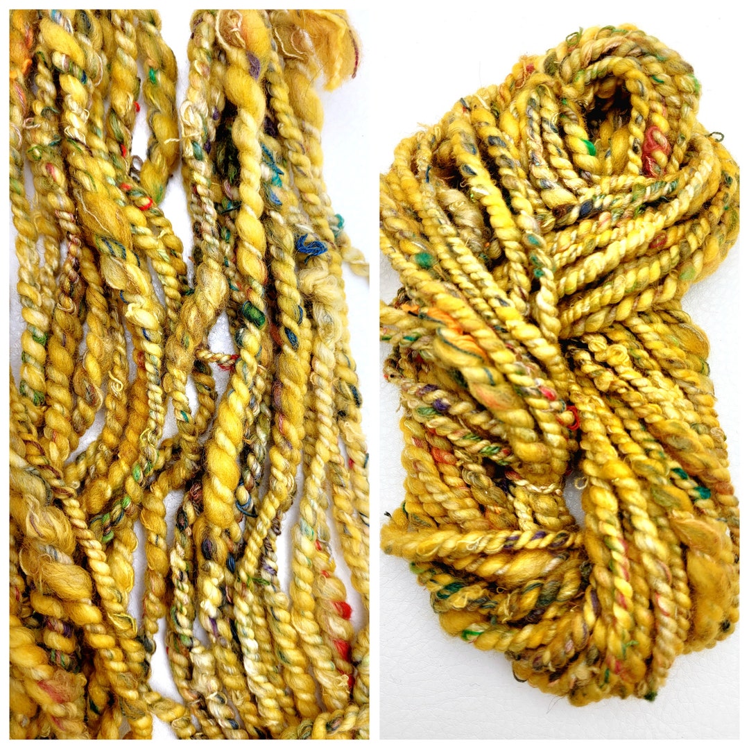 Honey Mustard Yellow Chunky 2-ply Yarn/ Hand Spun Art Yarn/ Recycled ...