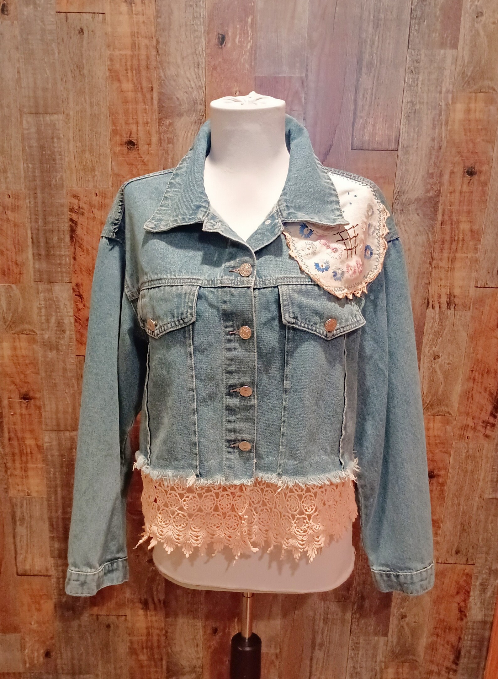 New Slow Stitch Handmade Hand Sewn Upcycled Blue Jean Jacket Lace ...